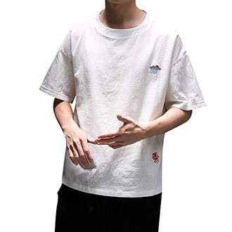 Generic Chemise en lin &agrave; manches courtes pour homme - En coton l&eacute;ger - Polo pour homme - Coupe ajust&eacute;e - Blanc - Pull &agrave; col rond - Polo coupe ajust&eacute;e, blanc, 