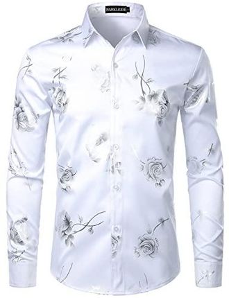 PARKLEES Chemises habill&eacute;es &agrave; manches longues pour homme avec imprim&eacute; or rose, coupe slim/Chemises de bal et de performance, L