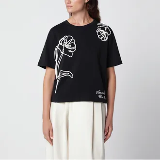 Max Mara Schwarzes T-Shirt aus Baumwolle mit Blumenstickerei
