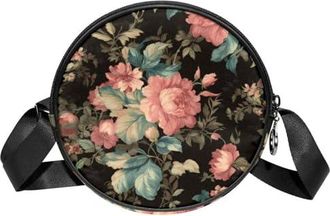 Generic Sac &agrave; bandouli&egrave;re rond pour femme, sac &agrave; bandouli&egrave;re classique vintage &agrave; motif floral avec fermeture &eacute;clair, bretelles r&eacute;glables, sac &agrave; main rond d&eacute;co