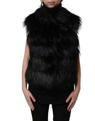 Dolce & Gabbana Womens Black Acrylic Faux Fur Sleeveless Vest Jacket Modacrylic Polyester Clothing