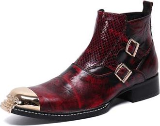 Generic Bottines Chelsea Western pour homme en cuir v&eacute;ritable avec bout carr&eacute; et fermeture &eacute;clair, Rouge, 42 2/3 EU