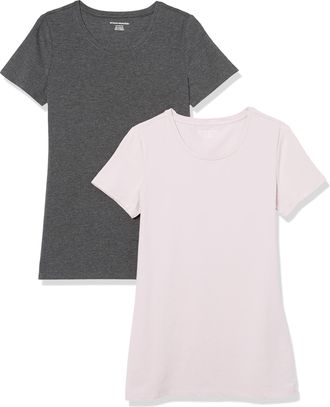 Amazon Essentials Damen T-Shirt mit kurzen Ärmeln und Rundhalsausschnitt in normaler Passform, 2er-Pack, Dunkelgrau Meliert/Hellviolett, XXL