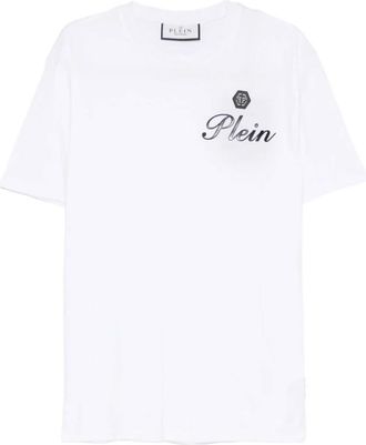 Philipp Plein Homme, Tops, Blanc, Taille: M T-Shirt Col Rond Signature en Relief