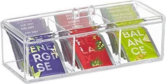 Relaxdays Teebox, Teeaufbewahrungsbox mit 3 Fächern, HBT 9 x 23 x 9,5 cm, Kunststoff, Vorratsbox mit Deckel, transparent