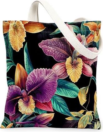 Generic Sac fourre-tout en toile avec fleurs dorchid&eacute;es printani&egrave;res pour le shopping, 33 x 38,1 cm, sac d&eacute;picerie r&eacute;utilisable vintage r&eacute;tro pour femme, sac 
