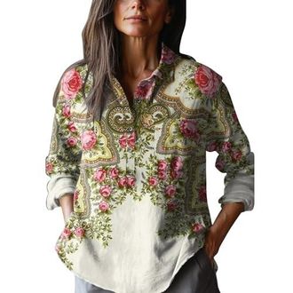 Generico Chemise Femme Curvy &agrave; Manches Longues Blouse en Lin Coton &Eacute;l&eacute;gant Grande Taille Chemises Col en V Doux Chemisier Vintage Fantaisie avec Boutons L&eacute;ger 