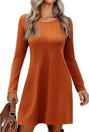 Zeagoo Robe en tricot &agrave; manches longues pour femme, col rond, robe pull, robe trap&egrave;ze, robe dhiver, robe pull unie, mini robe dautomne et dhiver, Caramel, S