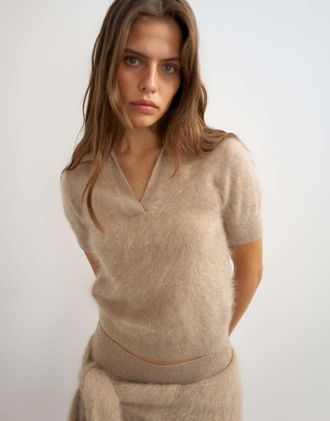 Topshop polo en maille &agrave; assortir en cachemire pur bross&eacute; premium, neutre