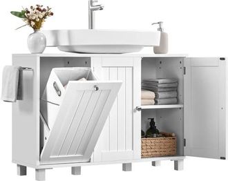 Yaheetech Meuble Salle de Bain avec Panier &agrave; Linge Int&eacute;gr&eacute;, Meuble sous Lavabo avec Panier &agrave; Linge Int&eacute;gr&eacute;, Porte-Serviettes Ajustable, &Eacute;tag&egrave;res R&eacute;glables, 90 &times;