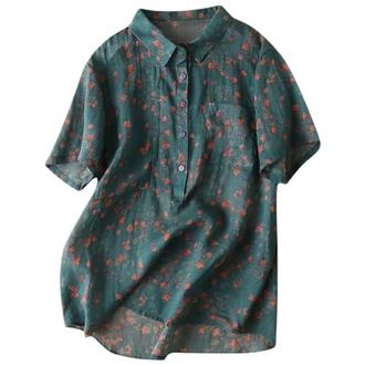Generic Chemisiers d&eacute;t&eacute; d&eacute;contract&eacute;s en coton et lin &agrave; manches courtes pour femme - Imprim&eacute; floral - Col montant boutonn&eacute;, Vert, XXL
