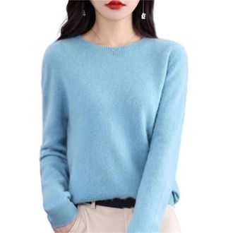 Generic Pull 100 % cachemire pour femme, pull en laine &agrave; manches longues, hauts basiques solides, pull dautomne pour femme, bleu clair, XXL