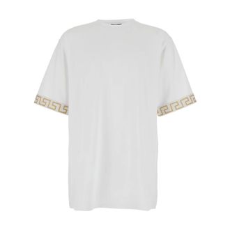 Versace Homme, Tops, Blanc, Taille: L T-Shirt &agrave; Col Rond avec Motif Greca sur les Manches
