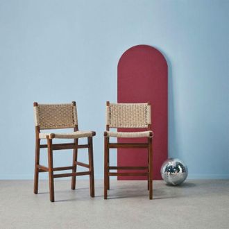 Sweeek Lot de 2 tabourets de bar en bois dh&eacute;v&eacute;a et assise en cordes Effet Noyer / Beige