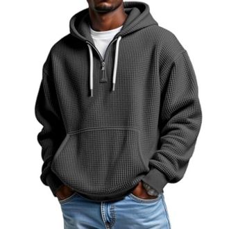 Generic Sweat &agrave; capuche d&eacute;contract&eacute; &agrave; manches longues et fermeture &eacute;clair gaufr&eacute;e de couleur unie pour homme, ample et confortable, Noir, 3XL