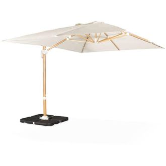 Sweeek Parasol d&eacute;port&eacute; rectangulaire &eacute;cru 3x4m. m&acirc;t effet bois + Dalles &agrave; lester 50x50cm