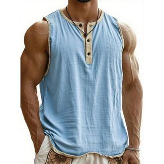 Generic T-shirt Henley vintage respirant sans manches pour homme, t-shirt &agrave; trois boutons, d&eacute;bardeurs musculaires pour hommes, hauts d&eacute;t&eacute; d&eacute;contract&eacute;s basique
