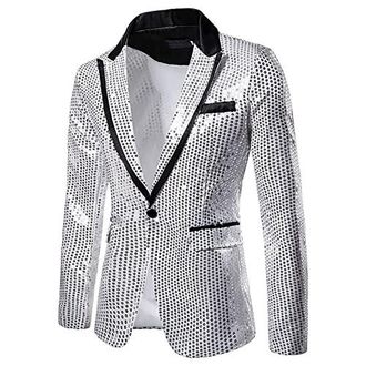 Generic Blazer à paillettes étincelantes pour homme, coupe régulière, veste de costume classique à simple boutonnage à bouton unique, cardigan décontracté, bl