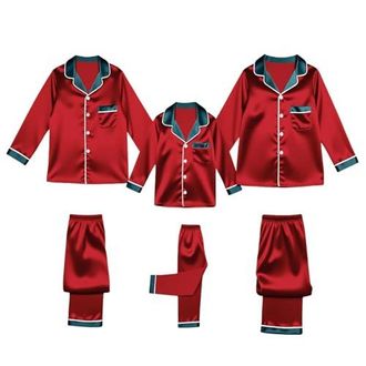 Generic Pyjama de Noël assorti pour la famille, ensemble de pyjama de Noël en satin soyeux pour photos, vêtements de nuit, chemise boutonnée et pantalon, vête