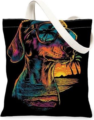 Generic Sac fourre-tout en toile motif teckel d&eacute;t&eacute; pour faire du shopping, 33 x 38,1 cm, motif chiot c&ocirc;tier cool, sac d&eacute;picerie r&eacute;utilisable, sac d&eacute;picerie po