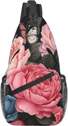 Generic Sacoche Tactique Pivoine Roses Fleur Papillon Polyester Sling Sac &agrave; Bandouli&egrave;re Antivol Crossbody Bag pour &eacute;cole Camping Randonn&eacute;e
