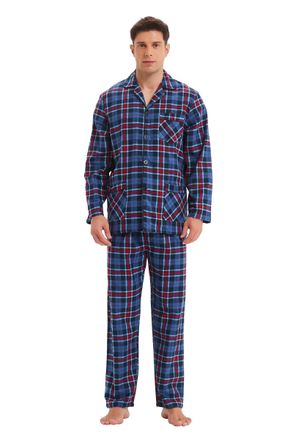 Global Herren Schlafanzug Flanell | Herren Pyjama Set Lang Baumwolle | Herren Zweiteilige Nachtw&auml;sche Loungewear Schlafanzughose Lang Gummizug und Kordelzug 
