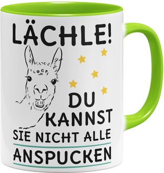OM3 Lächle du kannst sie nicht alle anspucken Lama Kaffee-Tasse mit Spruch - Motiv Alpaka - Keramik Becher - 325ml - Beidseitig Bedruckt - Hellgrün