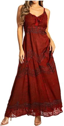Sakkas Stonewashed Rayon Besticktes langes Kleid mit verstellbaren Spaghettiträgern - Rot - 1X/2X