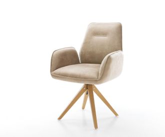 DELIFE Esszimmerstuhl Zoa-Flex Mikrofaser Beige Vintage Holzgestell kantig Natur 360&deg; drehbar Taschenfederkern, Esszimmerst&uuml;hle