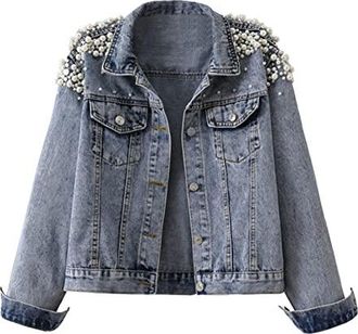 Generic 2026 Femmes Vestes Perles Perles Denim Slim Brod&eacute; Court Jean Manteau Outwear, bleu, XL