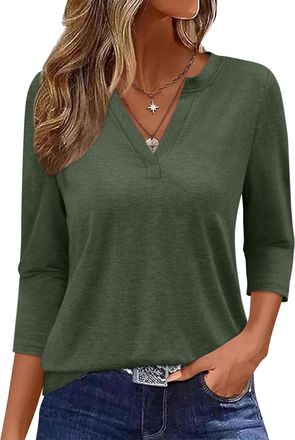Onsoyours Shirt Damen 3/4 Arm Pullover Herbst Oberteile V-Ausschnitt Tshirt Sommer Tops Basic Shirt A Armeegr&uuml;n XXL