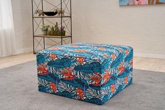 Atelier Del Sofa Stylish Pouffe with Wooden Frame, Soft Grey Foam, 81 x 45 x 81 cm | 50% Cotton & 50% Polyester Fabric | Elegant Blue Design for Modern Living Spaces