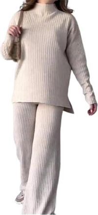 Generic Chic Fente Casual Deux Pièces Ensemble Pull Femme Col Roulé Tricoté Pull Set Casual Sportswear Suit, blanc, XS