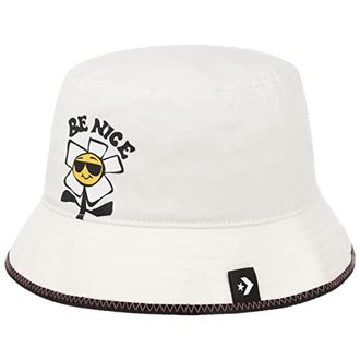 Converse Chapeau Be Nice Graphic Bucket Homme/Femme - de Peche Soleil avec Doublure Ete Printemps-ete - S/M (54-57 cm) Blanc Creme
