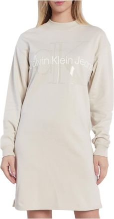 Calvin Klein Jeans Damen Glossy Monogram Crew Neck Dress J20J219075 Hoodie-Kleider, Beige (Eggshell), M