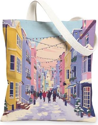 Generic Sacs fourre-tout en toile motif paysage urbain color&eacute;, sacs d&eacute;picerie r&eacute;utilisables, l&eacute;gers et lavables avec bandouli&egrave;re, multicolore, 13x15 Inch