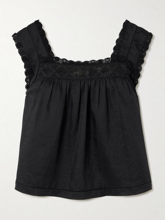 D&ocirc;en Aphra Crochet-trimmed Ramie Top - Black