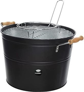 Kaemingk 73815 BBQ Eimer, Eisen, schwarz matt, Ø 33 x 24 cm, Holzkohlegrill, Campinggrill, Balkongrill, Außengrill, Minigrill, Kunstleder, mehrfarbig