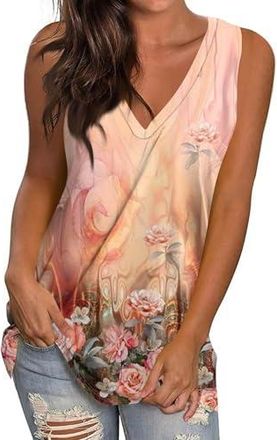 Generic Debardeur Femme Chic et &eacute;l&eacute;gant Chemisier sans Manche Imprimer D&eacute;bardeur Grande Taille Top Col V ete Haut Chic et Elegant Fluide Ample Caraco Vetement