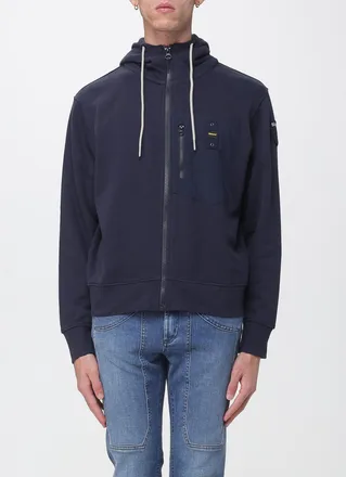 Blauer Full-Zip Baumwoll-Hoodie mit verstellbarer Kapuze und Rei&szlig;verschlusstaschen