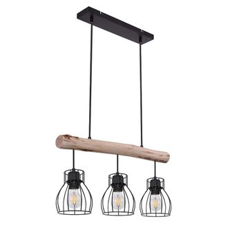 ETC Shop Holz Design Hängeleuchte mit Gitter Lampenschirmen Pendelleuchte mit Holzbalken 3 flammig, Metall schwarz Holz natur, 5x E27 max 40 Watt, LxBxH 60x13,