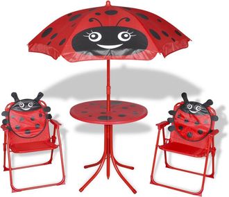 Festnight Kinder Garten-Sitzgruppe Kindersitzgruppe mit 1 Tisch, 2 Stühle und 1 Sonnenschirm Garten Kinderm?Bel - Rot