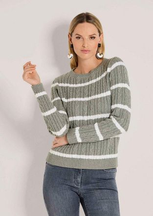 Madeleine Strickpullover Moderner Baumwollpullover mit Zopfmuster und Ringel-Design Kurz geschnittener Herbstpullover mit Rundhals und Langarm
