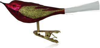 Lauschaer Glas Christbaumschmuck Vögel mit Glasschwanz dunkelrot matt mit Dekor 3 Stück Christbaumschmuck Weihnachtsschmuck mundgeblasen,handdekoriert