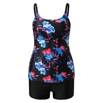 Generic Tankini imprim&eacute; pour femme - Maillot de bain deux pi&egrave;ces avec short - Bretelles spaghetti r&eacute;glables - Haut long, bleu clair, XXL