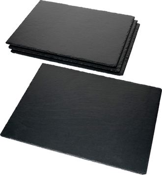 MamboCat Schieferplatte 4er Set 40 x 30 cm I Servierplatten Schwarz I Sushi Platte mit rustikaler Bruchkante I Cheese Board Vorspeisenteller auch als Untersetz