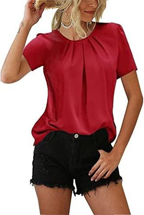 Generic T-shirt décontracté à col rond pour femme - Couleur unie - En coton - Manches courtes, Rouge, M