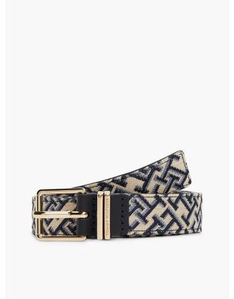 Tommy Hilfiger Jacquard-G&uuml;rtel in Beige-Bunt mit eckiger Schnalle und zwei Schlaufen-Blau