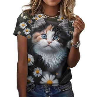 Keephen T-Shirt Femme Motif Chat Fleuri T-Shirts imprim&eacute;s 3D Animaux color&eacute;s T-Shirts d&eacute;t&eacute; d&eacute;contract&eacute;s Harajuku Tops Loose Manches Courtes Tee-Shirts &agrave; col R
