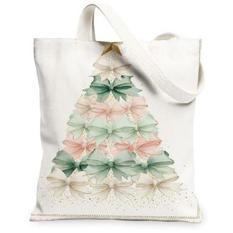 Generic Sacs fourre-tout en toile avec noeuds de No&euml;l, motif ruban festif, sacs d&eacute;picerie r&eacute;utilisables, l&eacute;gers et lavables avec bandouli&egrave;re F, blanc, 13x15 I